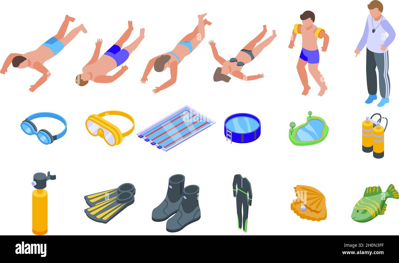 Diving school icons set isometric vector. Active beach. Boy child Stock ...