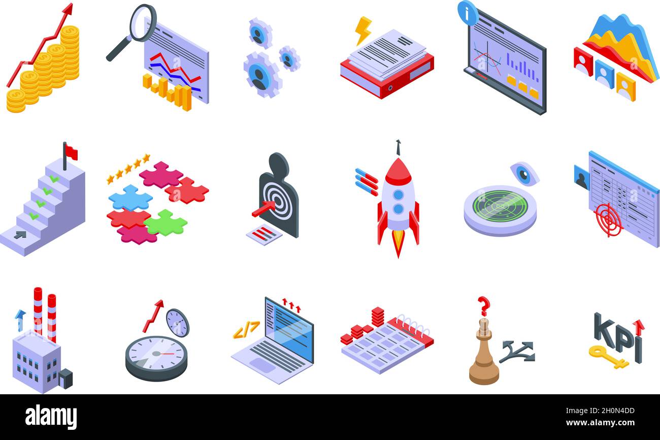 Performance management icons set isometric vector. Hypothesis stydy ...