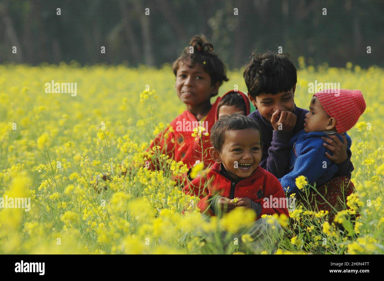 Happy kids playing at a flower garden with a smile on their faces ...