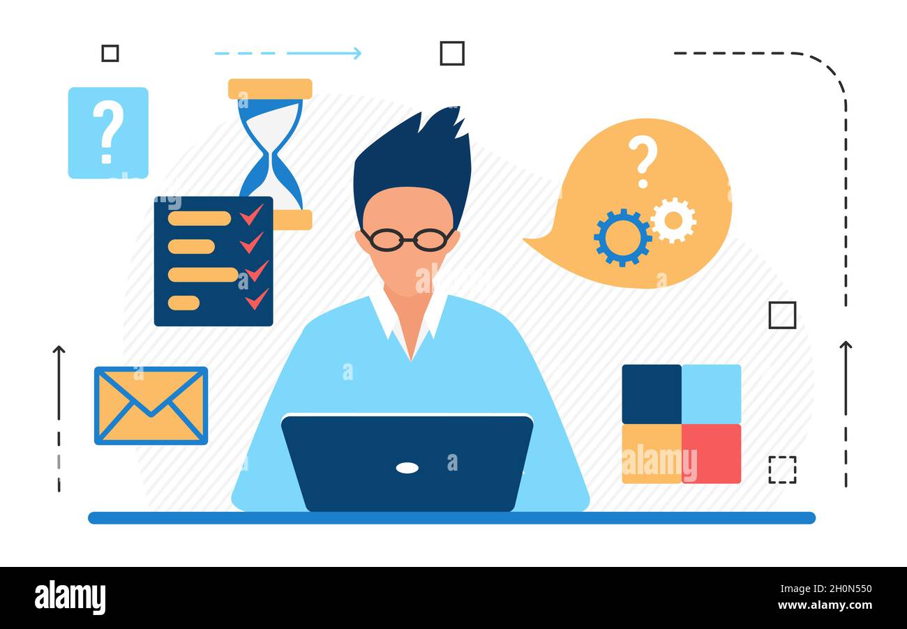 Businessman working with laptop on analysis information report vector ...