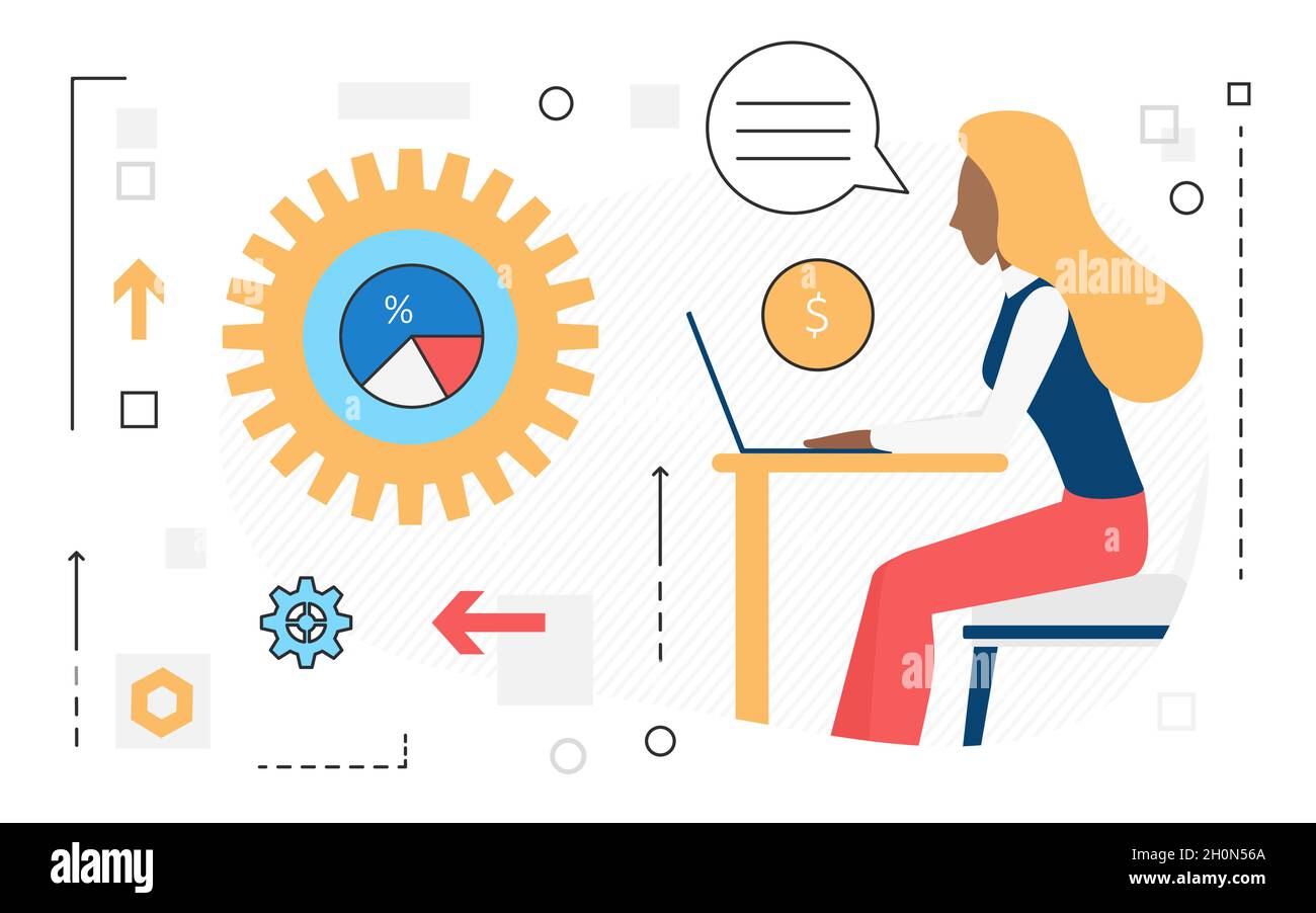 Businesswoman working with laptop, financial analytics service vector ...