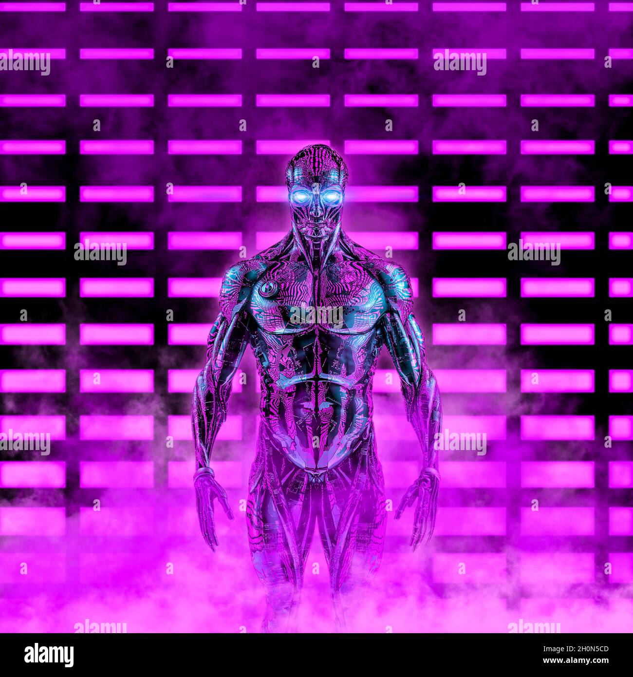 The neon cyborg - 3D illustration of science fiction scene with ...