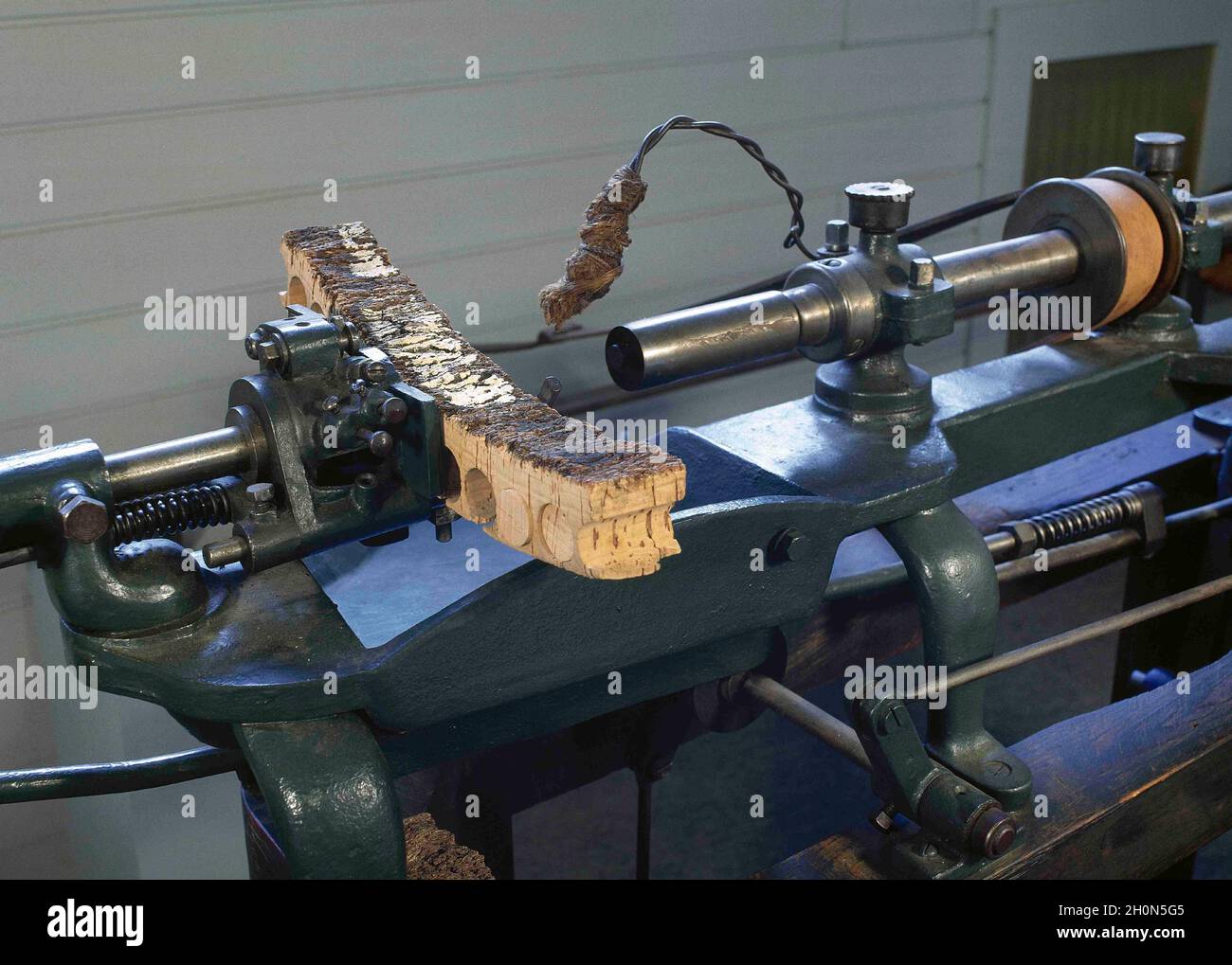 Cork industry. Semi-automatic cork drilling machine. Machinery used at ...