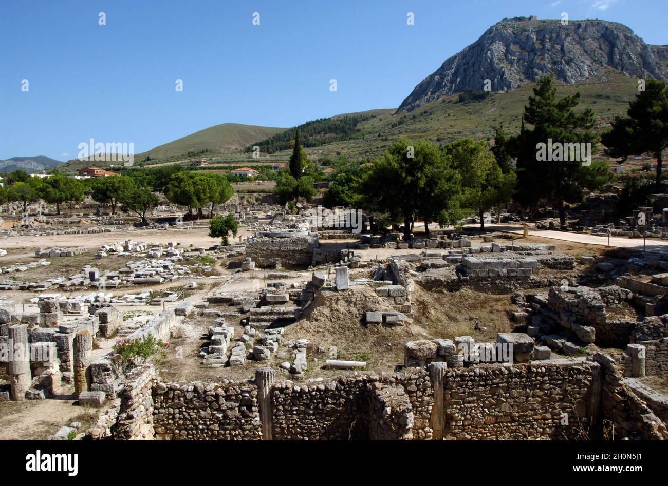 Greece. Peloponnese. Panoramic of the archaeological site of Corinth ...
