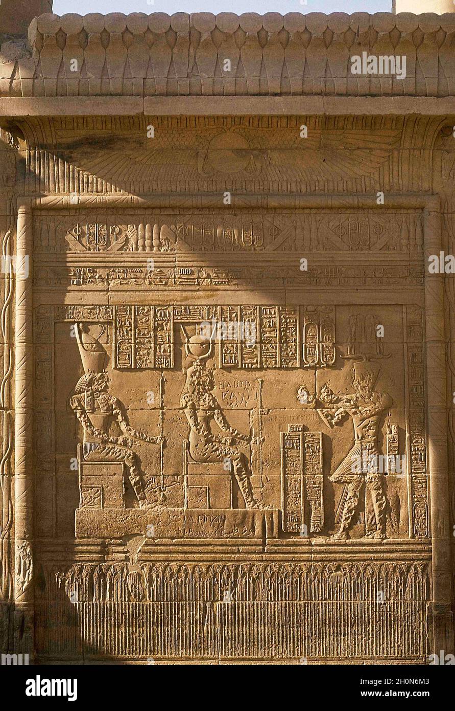 Egypt, Philae. Reliefs on a wall of the Temple of Isis. Offering scene ...