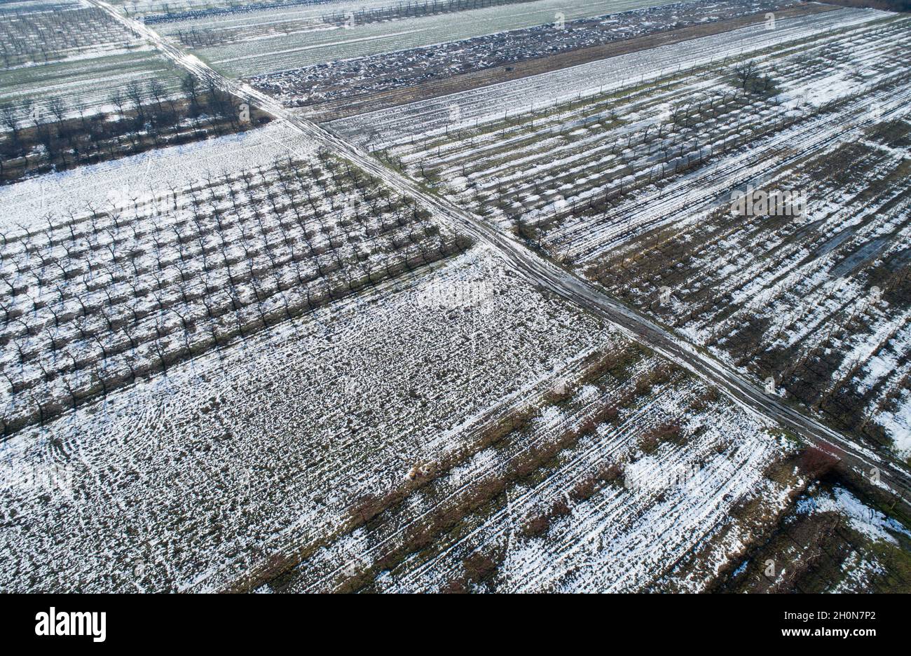 Aerial view of farmlands covered with snow shoot from drone in winter ...