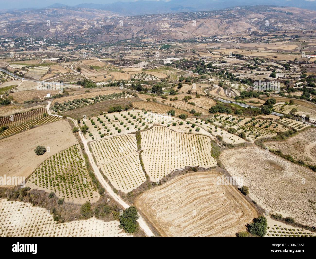 Aerial view on Troodos mountains, fertile valley with vineyards and ...