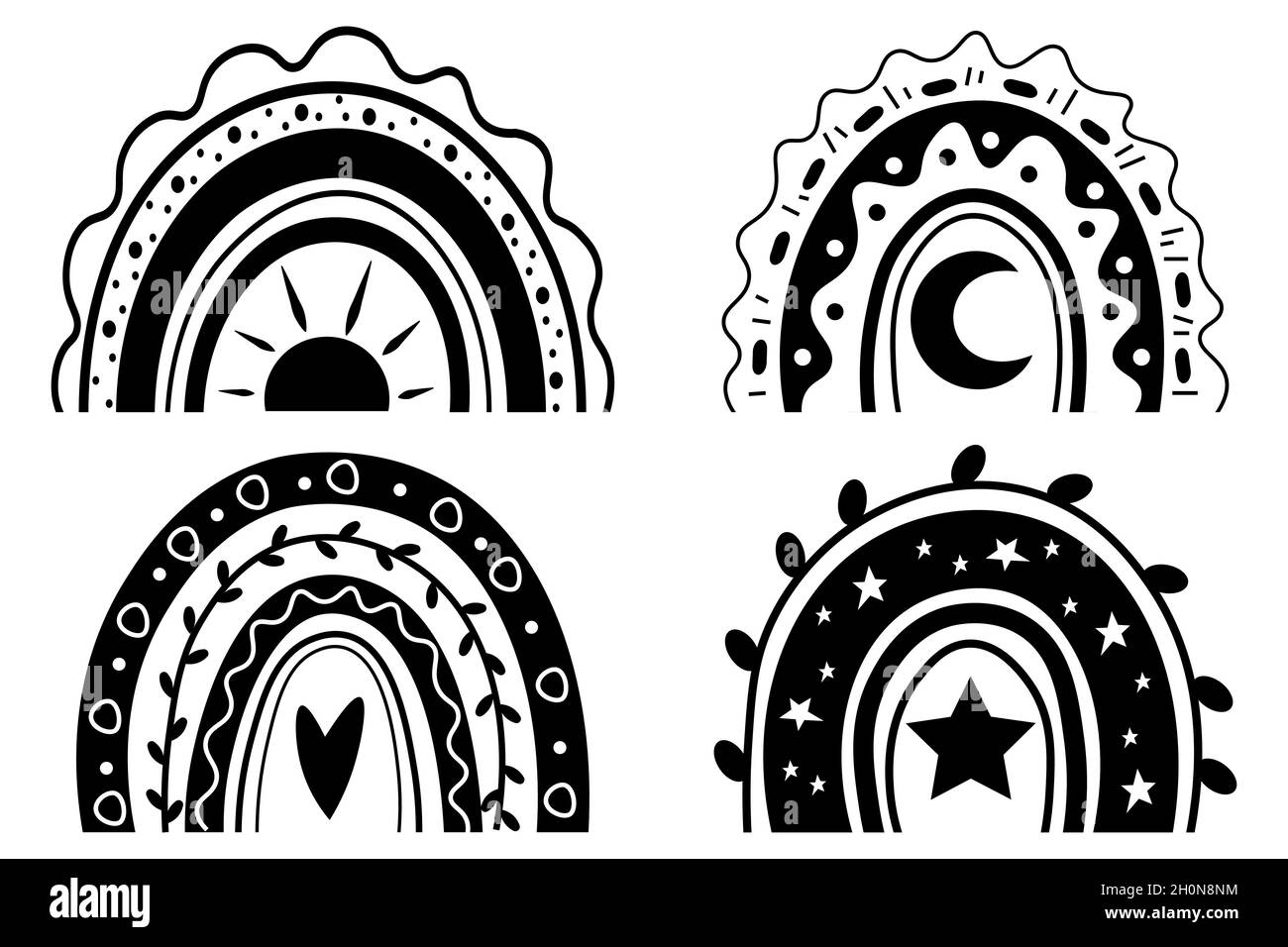 Set black and white boho rainbow in hand drawn style. vector ...