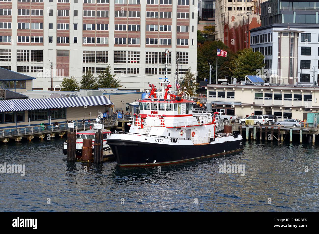 Seattle Fire Department Fireboat Leschi docked at Fire Station 5 with ...