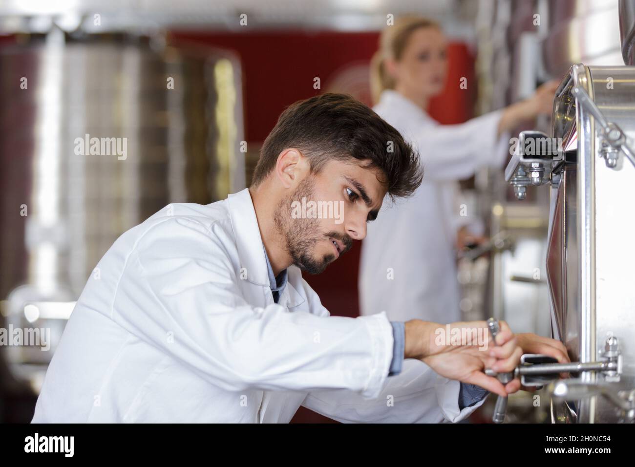cheerful winery workerson wine factory Stock Photo - Alamy