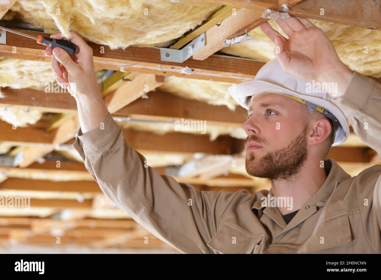 carpenter driving screw nail into timber structure Stock Photo - Alamy