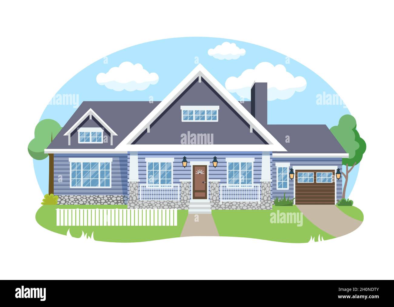Cartoon house exterior with blue clouded sky Front Home Architecture ...
