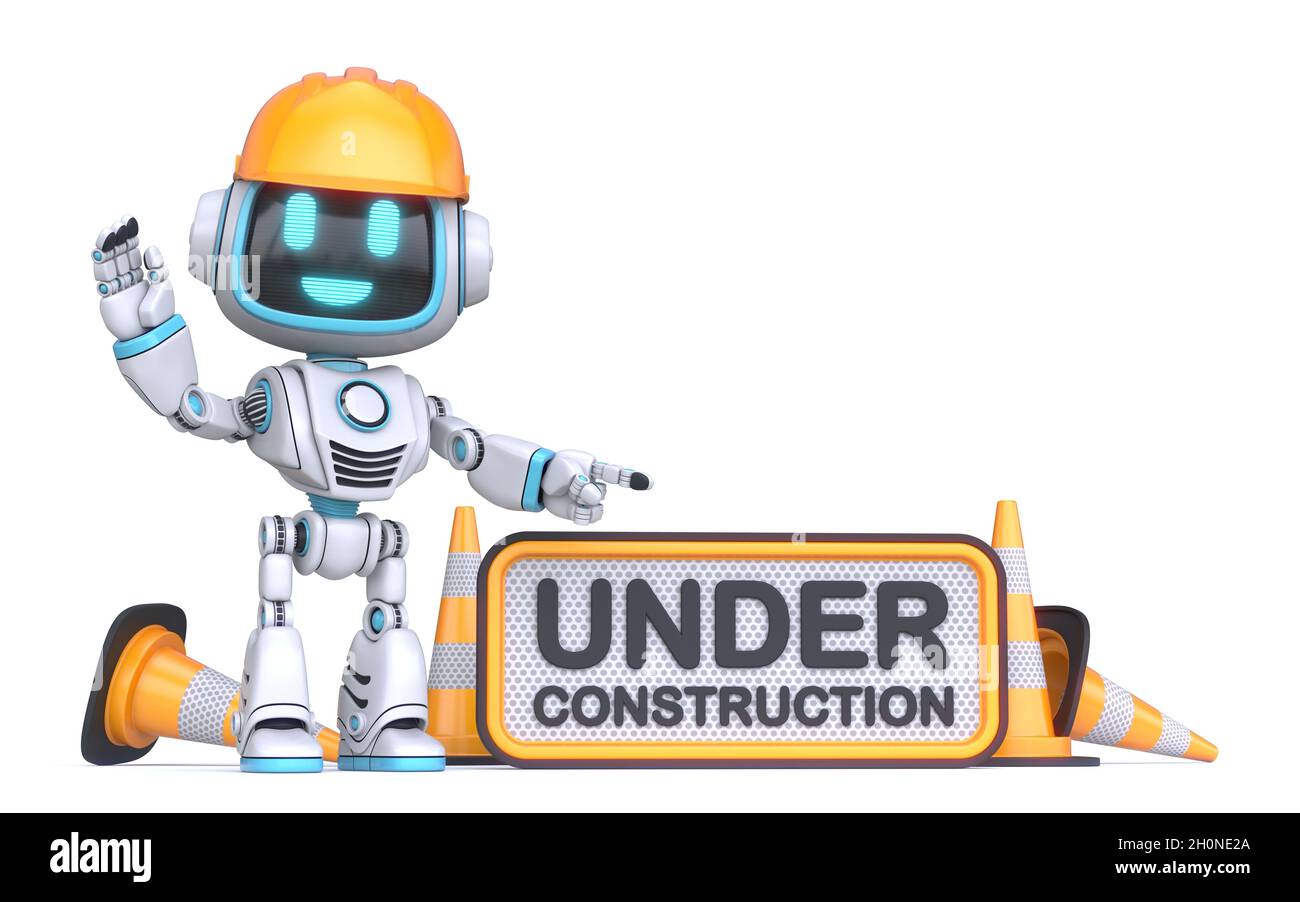 Cute blue robot under construction sign 3D rendering illustration ...