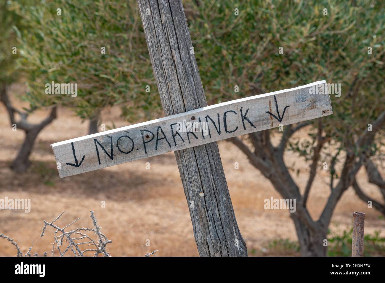 No parking, sign on wooden plank on trees background Stock Photo - Alamy