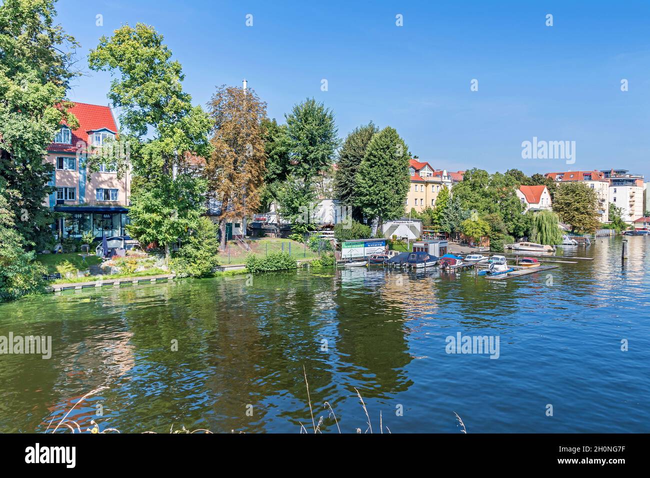 Berlin, Germany - September 6, 2021: Left bank of the Dahme River with ...