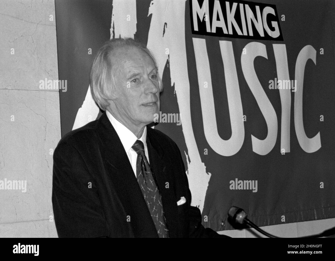 English record producer Sir George Martin, CBE, pictured during an ...