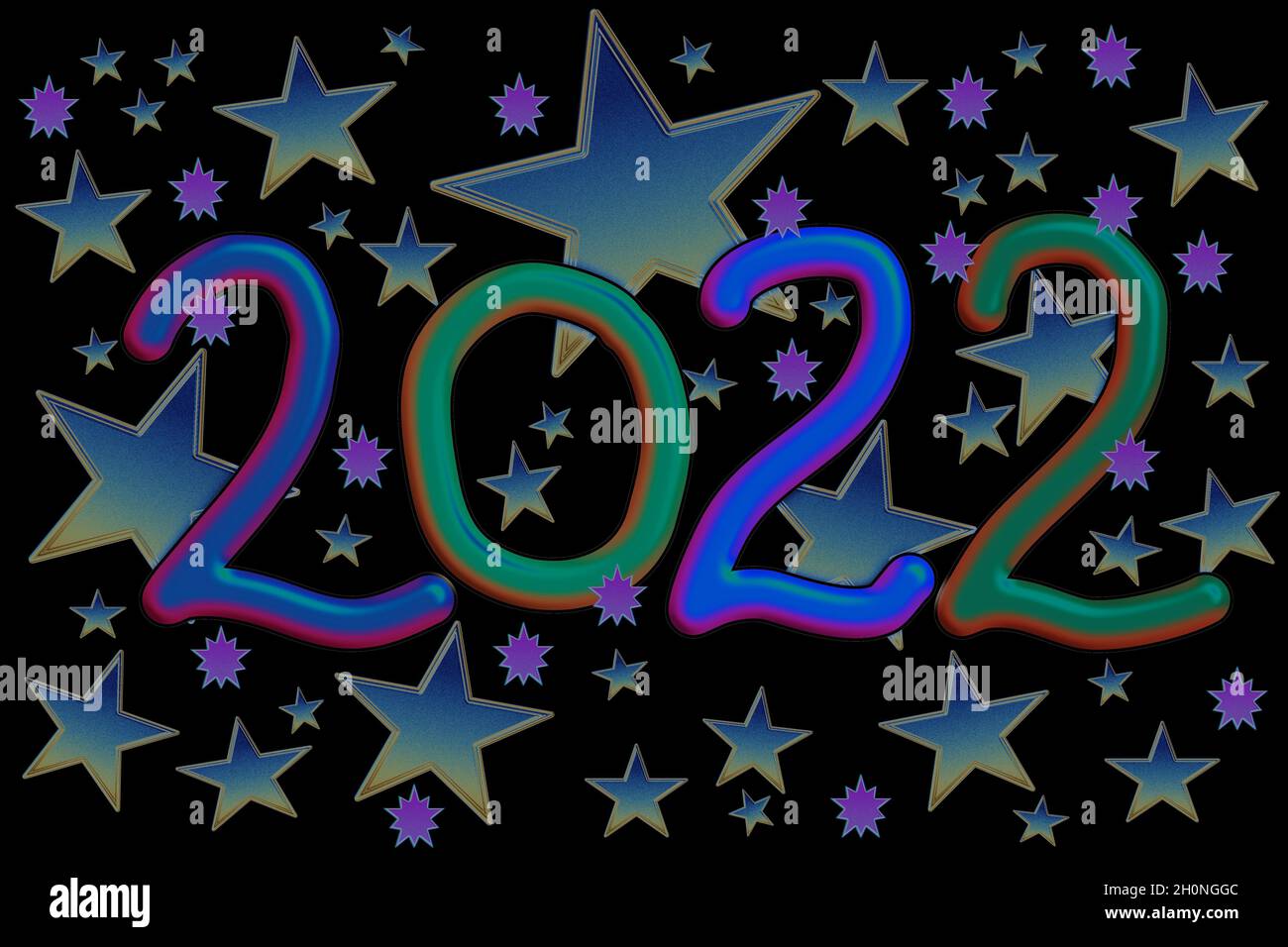2022, colorful year date illustration on white background with gold and ...