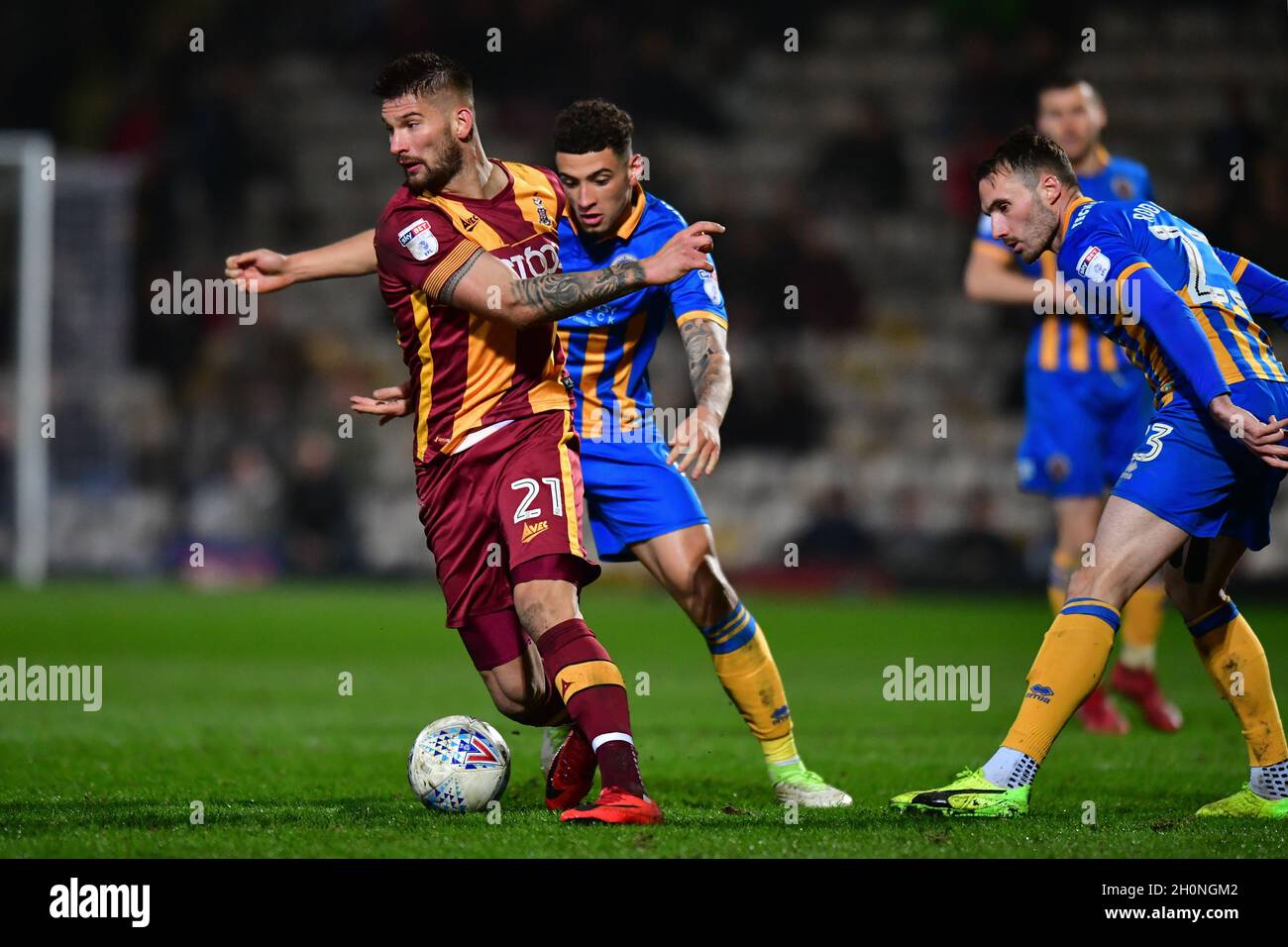 Bradford City’s Kai Bruenker gets away from Shrewsbury Town’s Ben ...