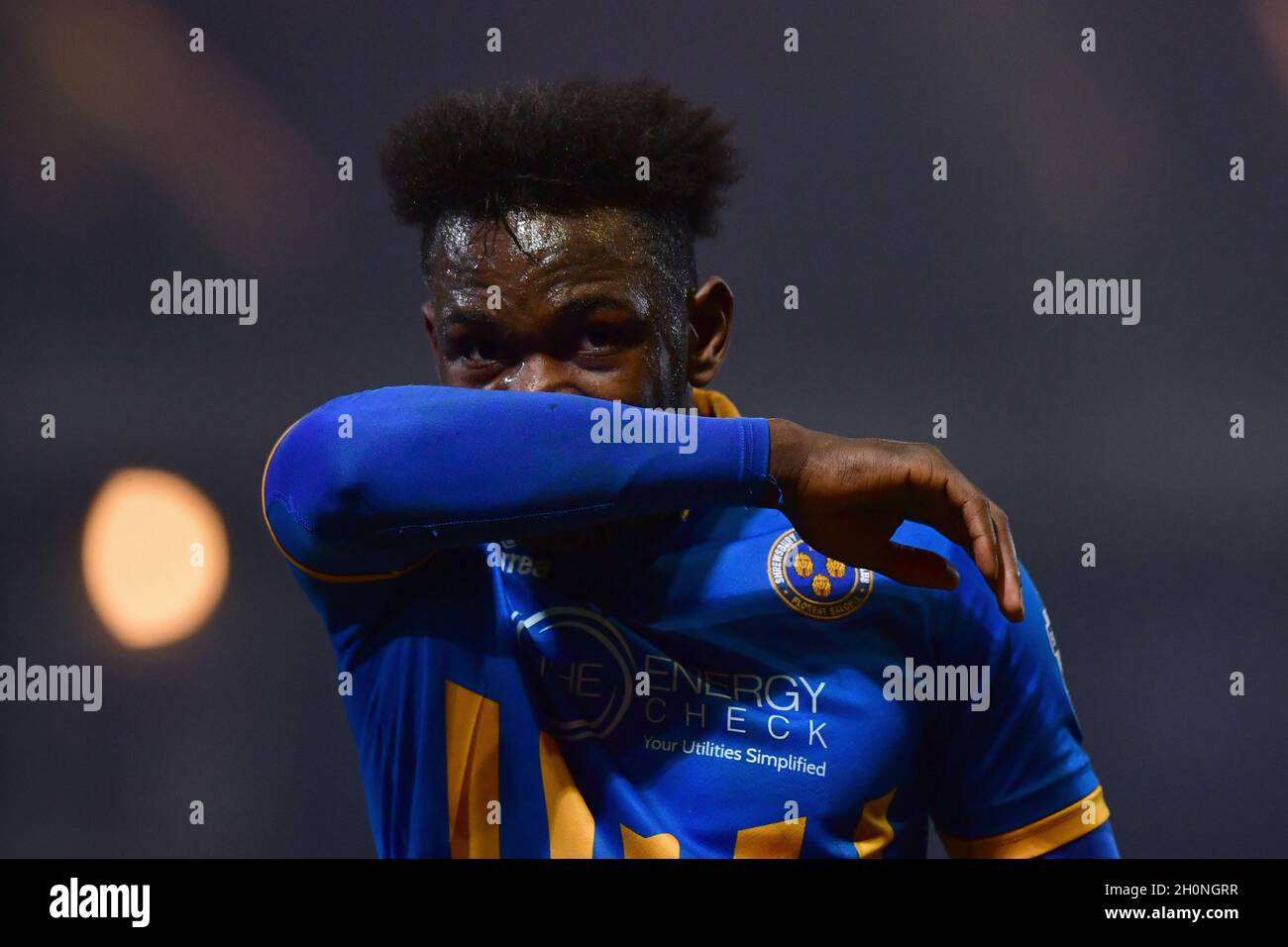 Shrewsbury Town’s Aristote Nsiala reacts after the final whistle Stock ...