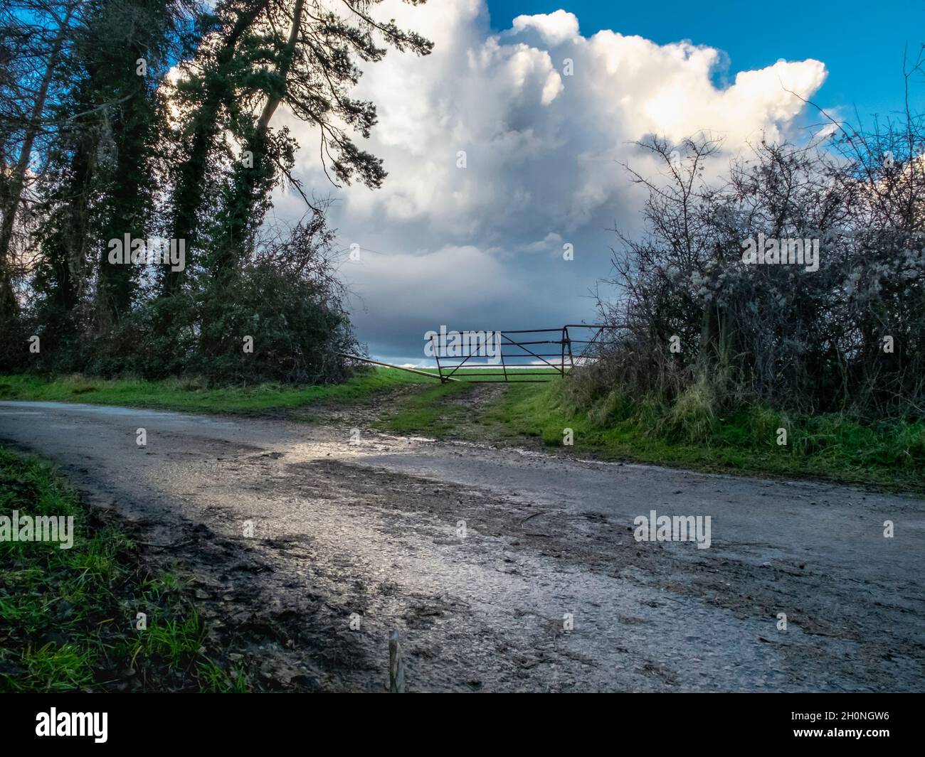 After a storm as the rainclouds clear,a gate leading into a field with ...