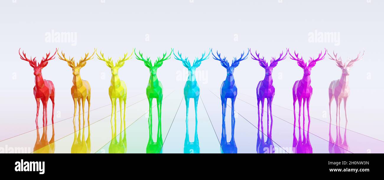 Rainbow colored reindeers in row on white background 3d render 3d ...
