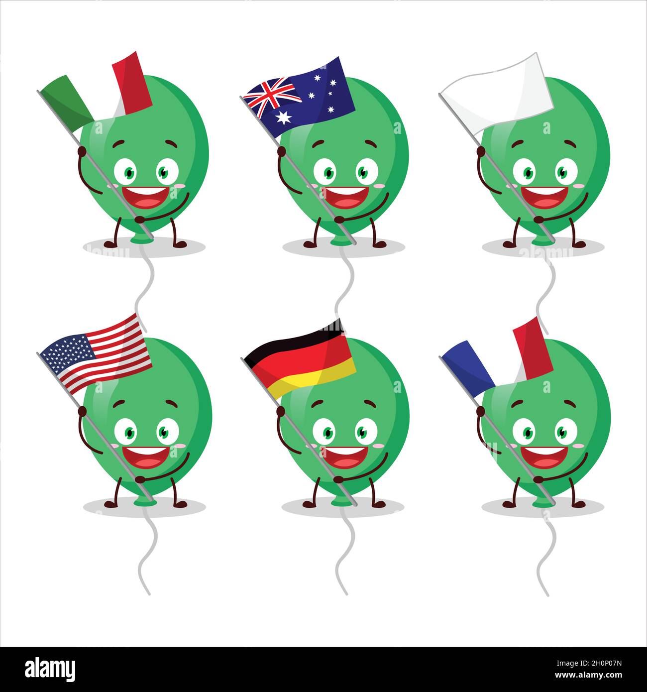 Green balloons cartoon character bring the flags of various countries ...