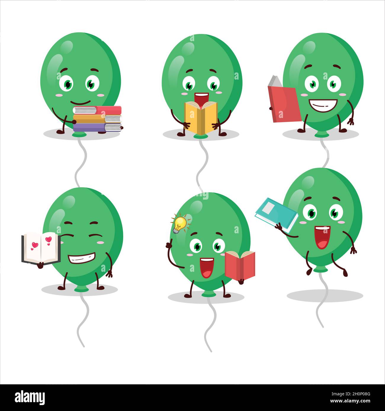A picture of green balloons cartoon character concept reading an ...