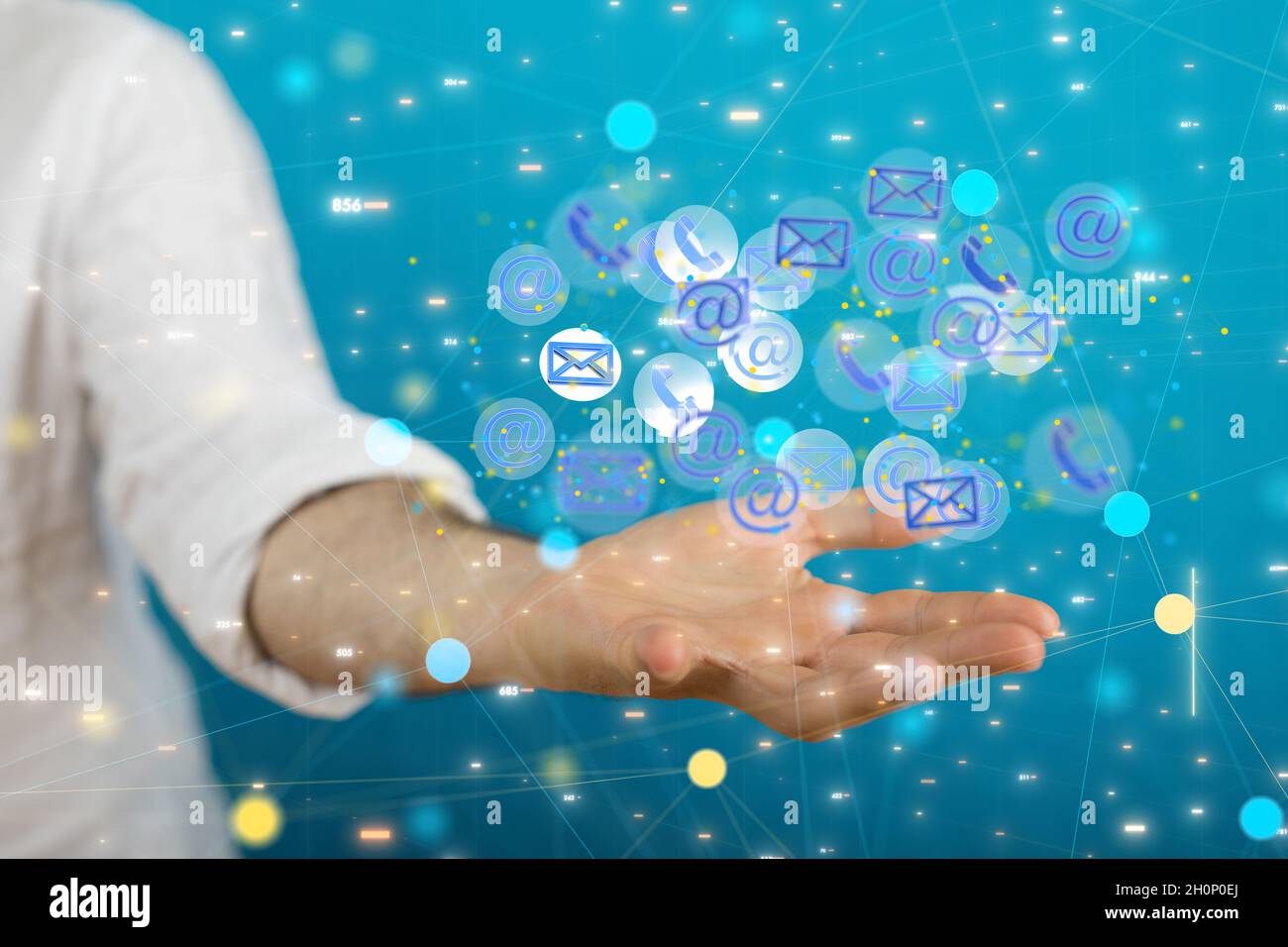 3D render of an email symbol and Network Communications with a blurry ...