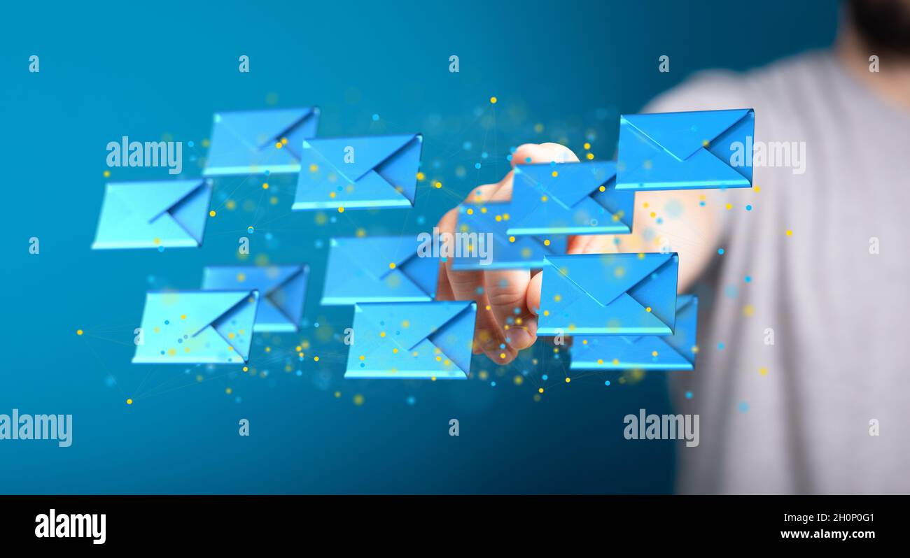 3D render of an email symbol and Network Communications with a blurry ...