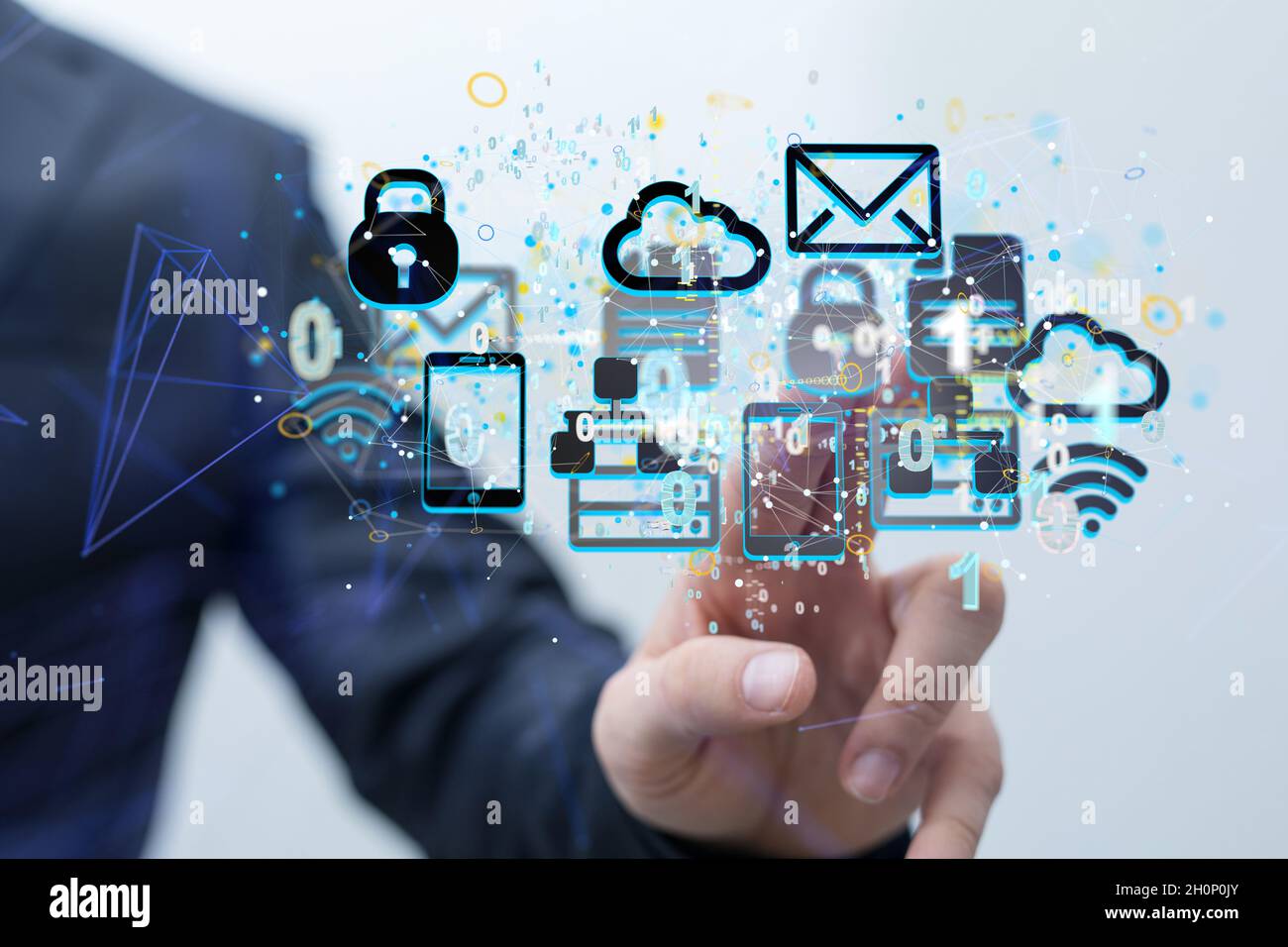 3D render of an email symbol and Network Communications with a blurry ...