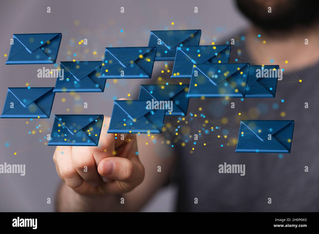 3D render of an email symbol and Network Communications with a blurry ...