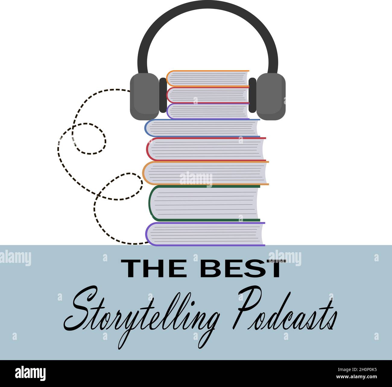 Podcasting illustration template. Headphones and stack of books ...