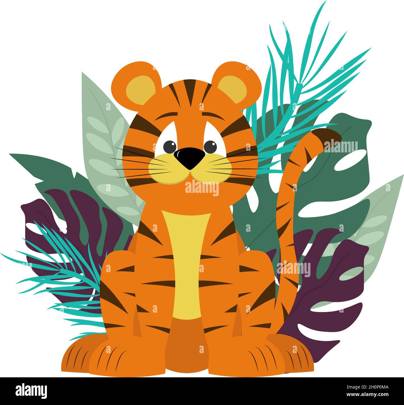 Palm leaves and a small Chinese tiger. Vector illustration Stock Vector ...