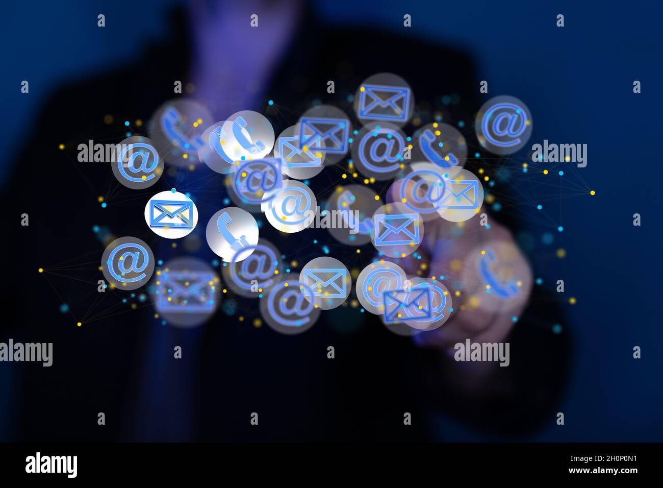 3D render of an email symbol and Network Communications with a blurry ...