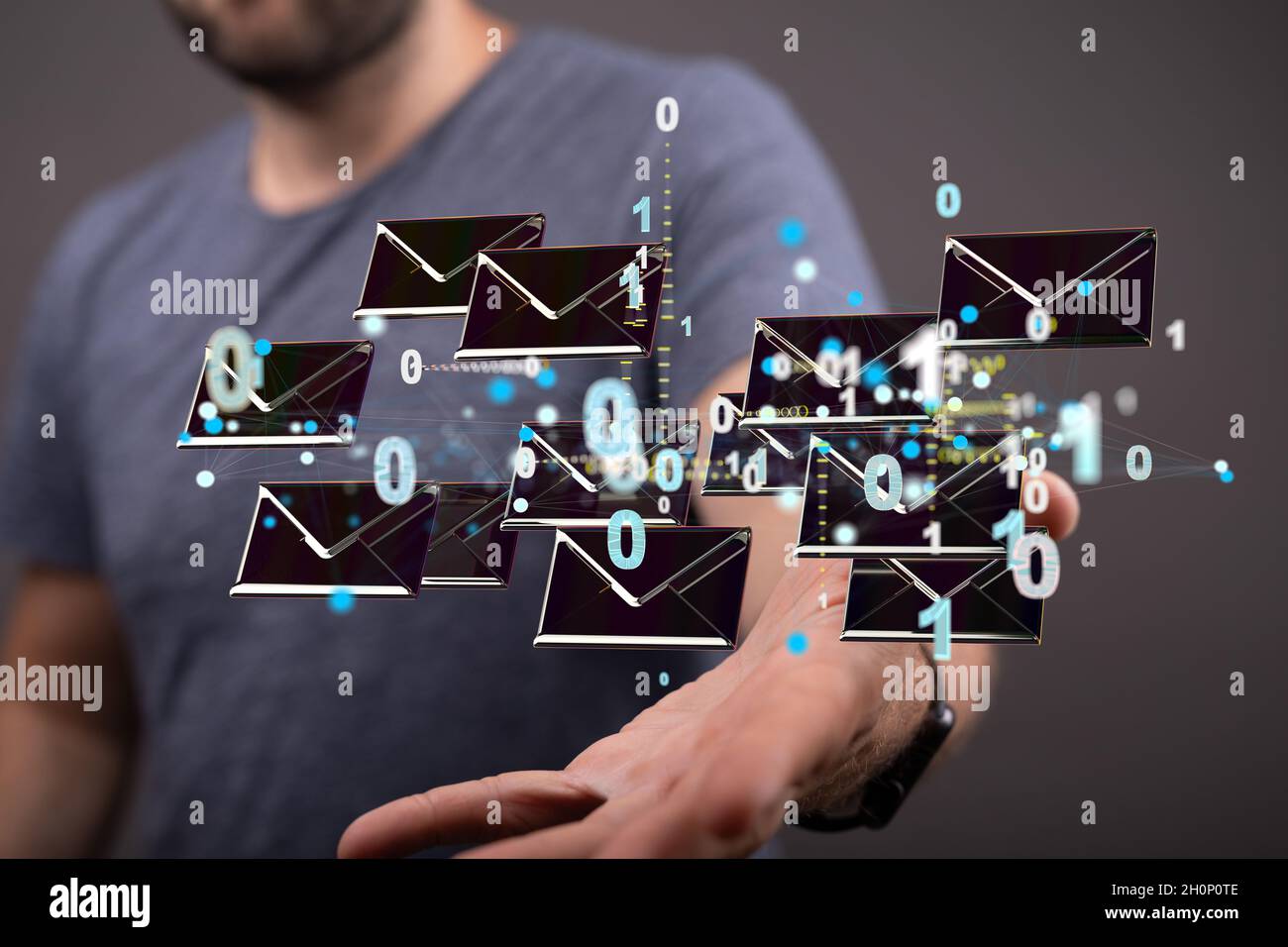3D render of an email symbol and Network Communications with a blurry ...