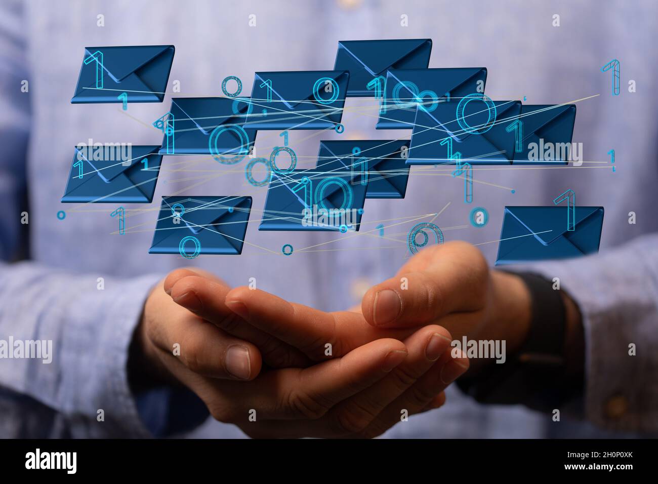 3D render of an email symbol and Network Communications with a blurry ...