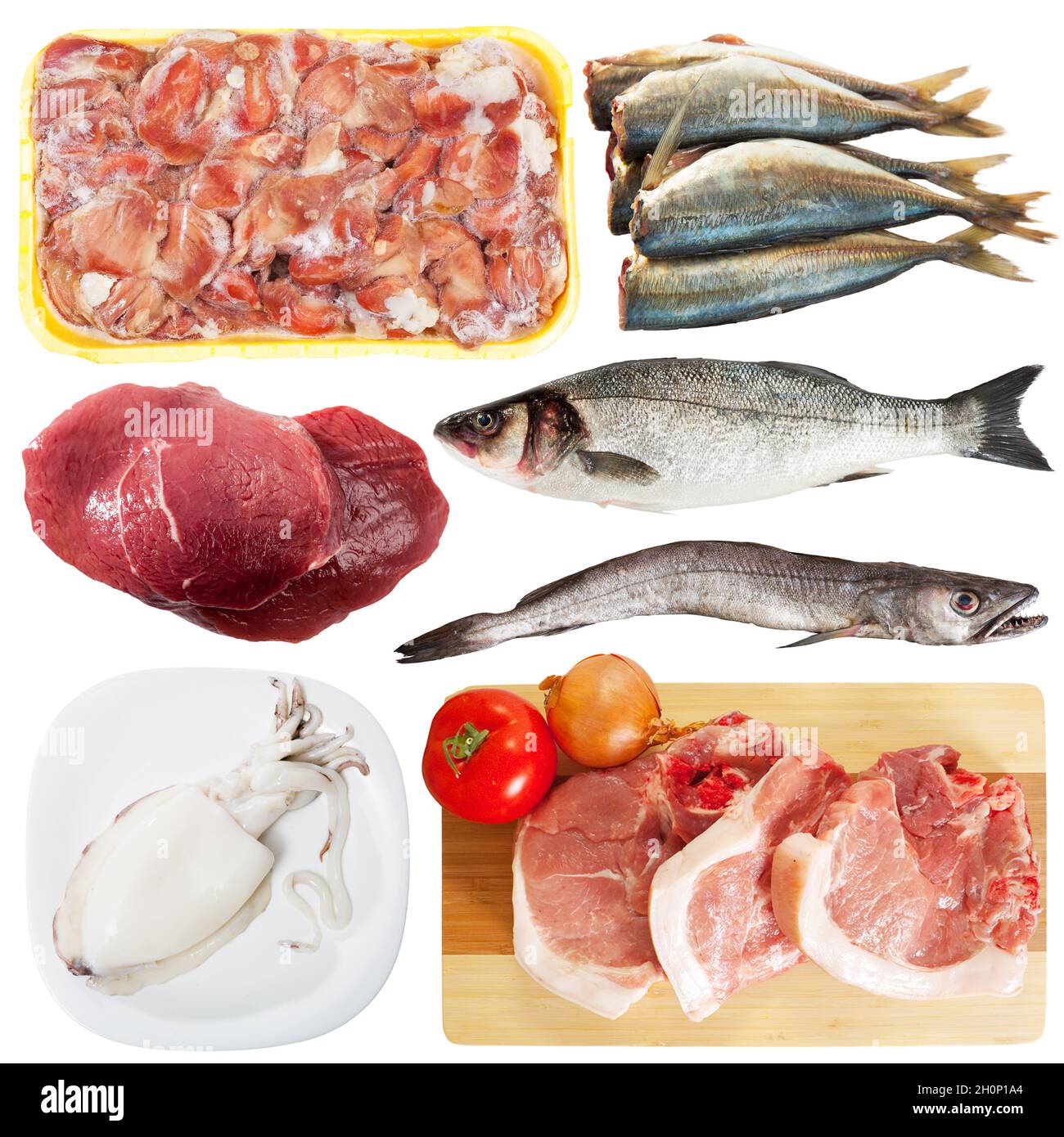 Collage of raw products isolated on white Stock Photo - Alamy