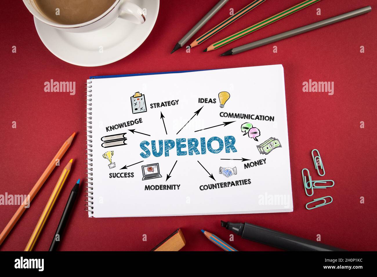 Superior. Knowledge, Strategy, Money and success concept. Red office ...