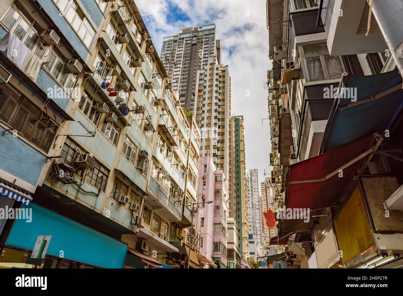 Hong Kong, China - 05 May 2018: Typical view of rundown old apartments ...