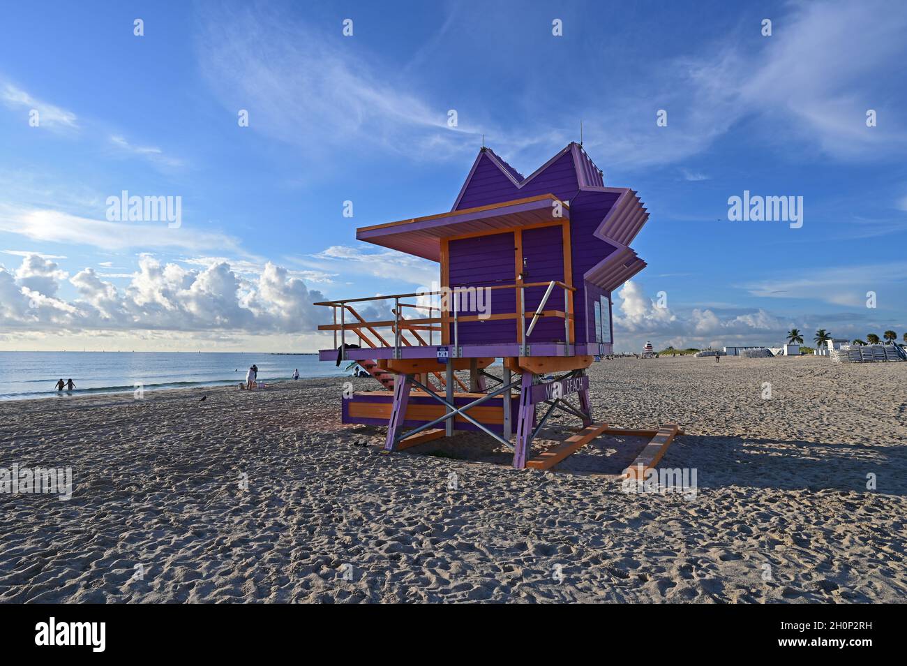 Colorful lifeguard station on Miami Beach, Florida under late summer ...