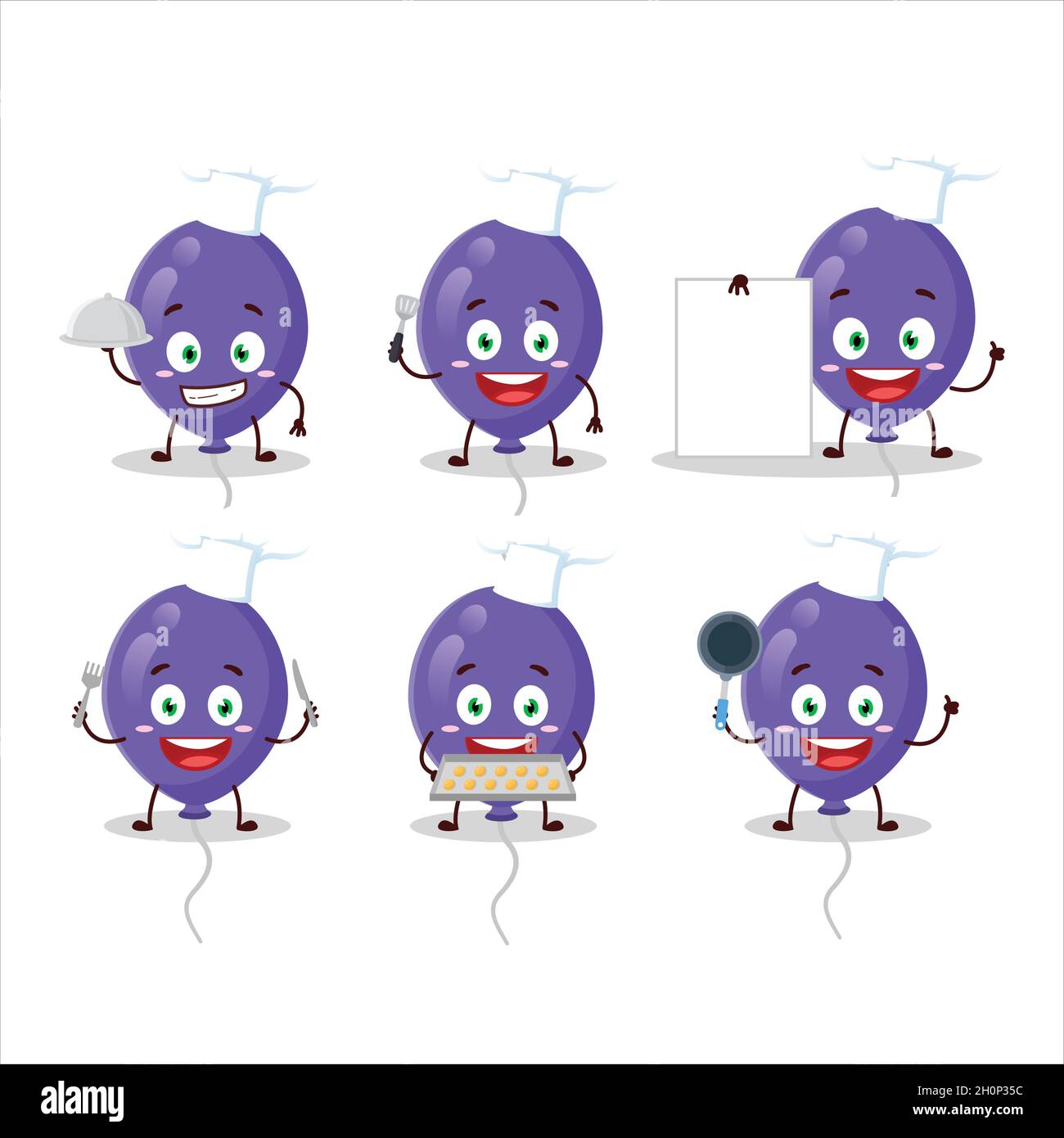 Cartoon character of purple balloons with various chef emoticons ...