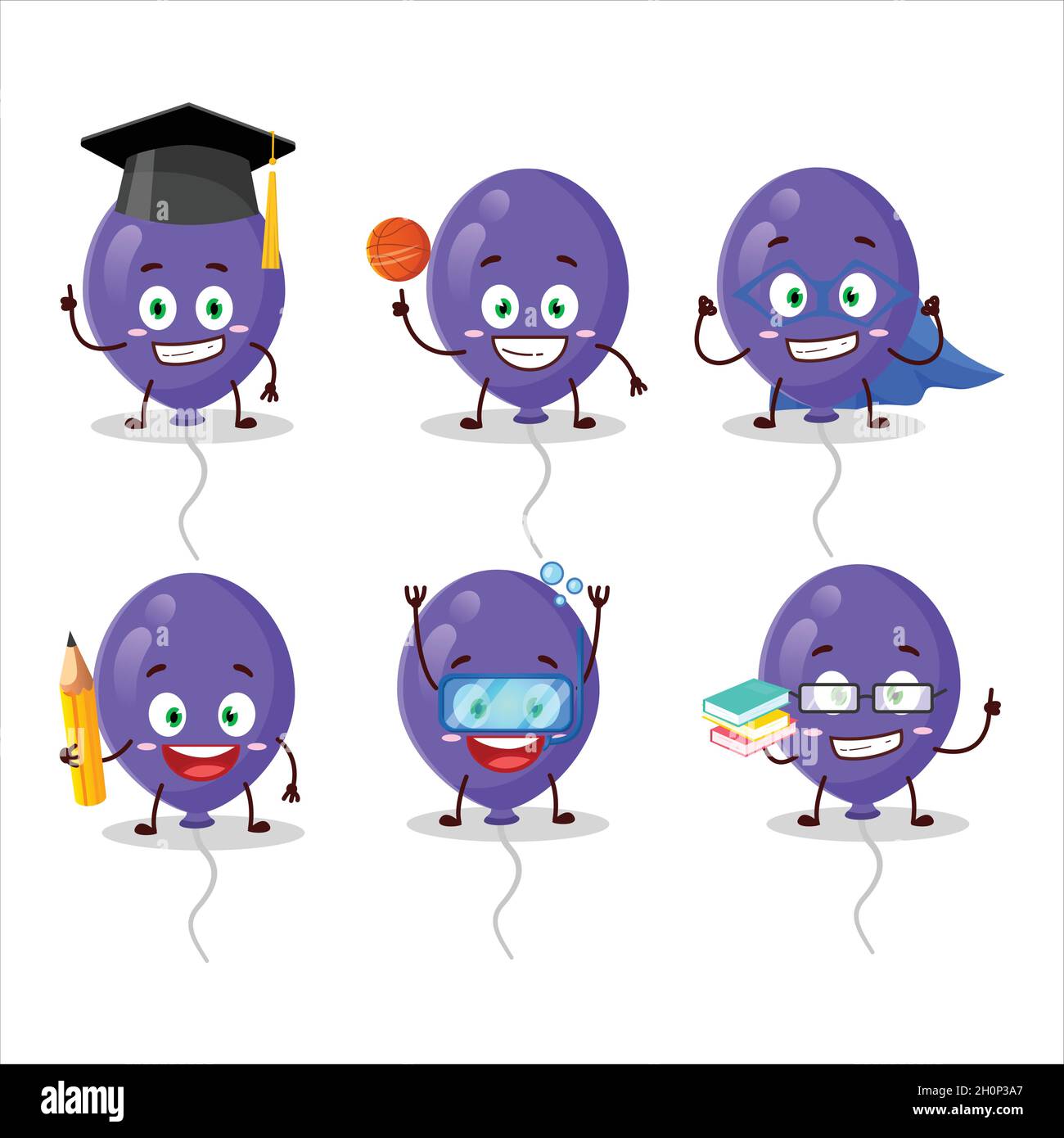 School student of purple balloons cartoon character with various ...