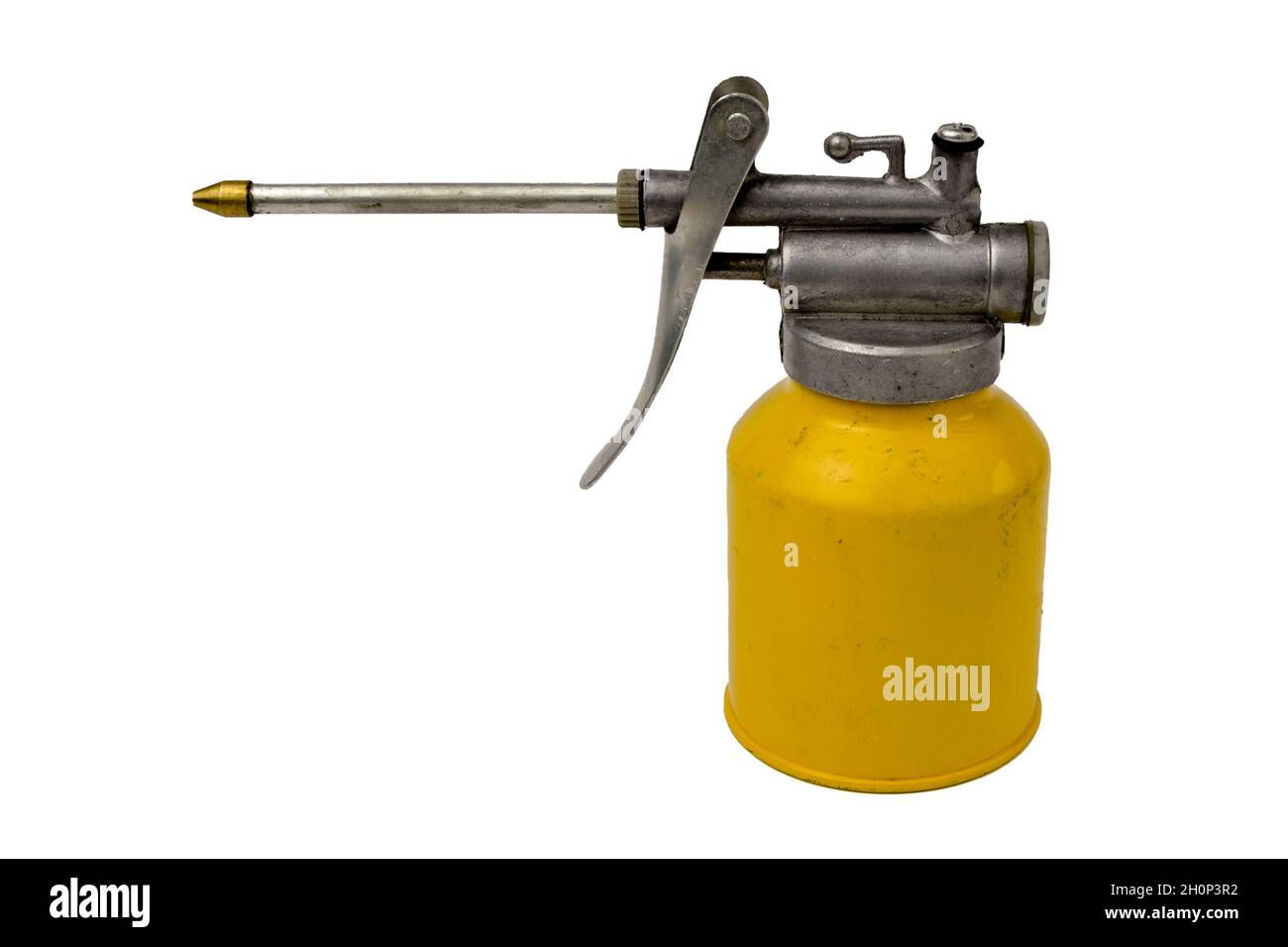 Yellow colored oiler with hand pump isolated on white Stock Photo - Alamy