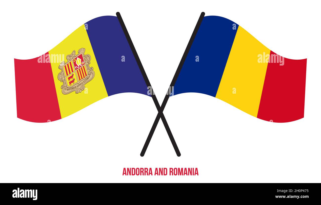 Andorra and Romania Flags Crossed And Waving Flat Style. Official ...