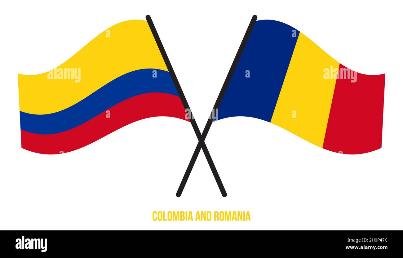 Colombia and Romania Flags Crossed And Waving Flat Style. Official ...