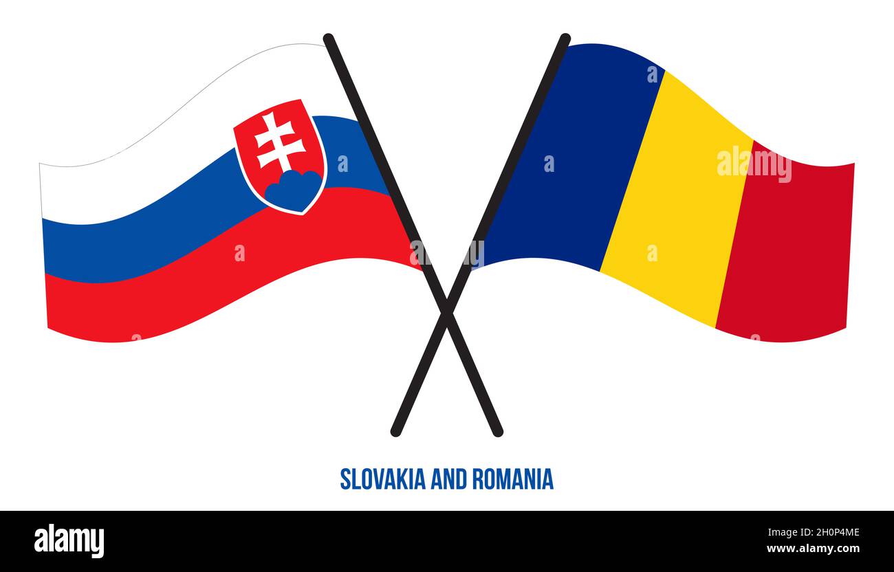 Slovakia and Romania Flags Crossed And Waving Flat Style. Official ...