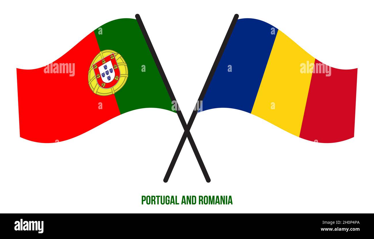 Portugal and Romania Flags Crossed And Waving Flat Style. Official ...