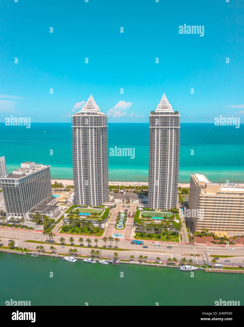 Jewels of Miami Beach, Florida as the Blue and Green Diamond towers ...