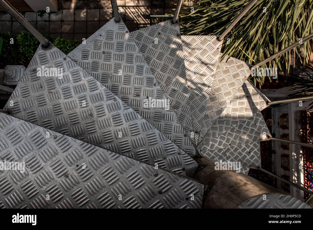 Upside view of a Stainless steel ladder spiral staircase, Top view ...