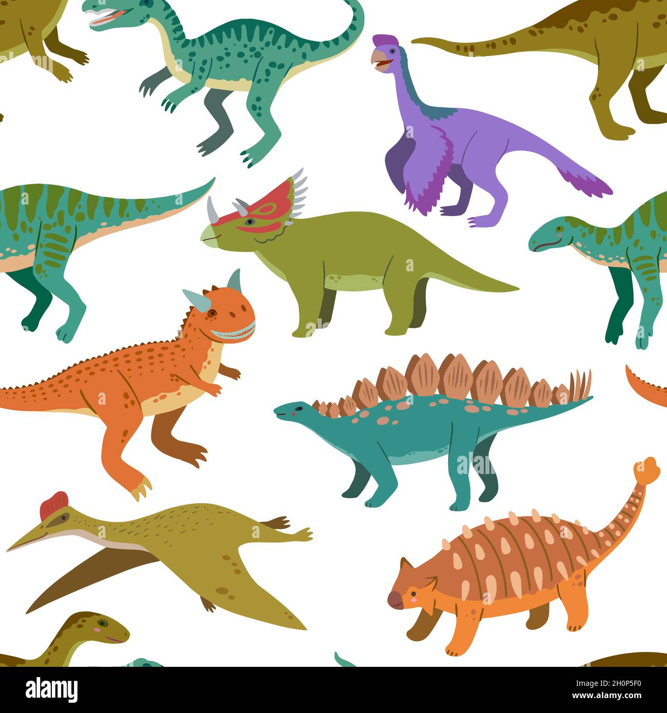 Seamless pattern with cute cartoon doodle dinosaurs and nature elements ...